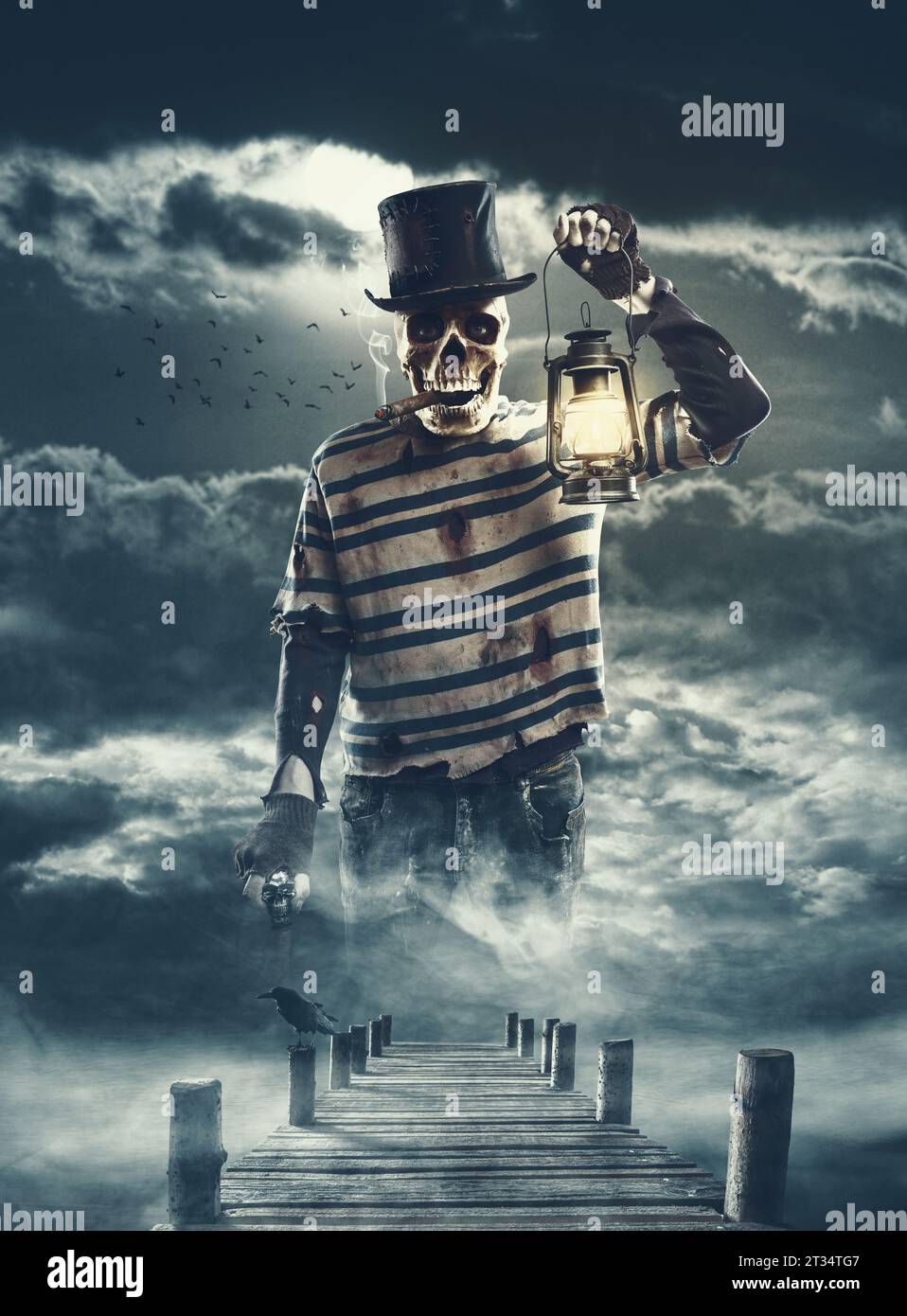 Evil monster with skull head holding a lantern and old wooden deck ...