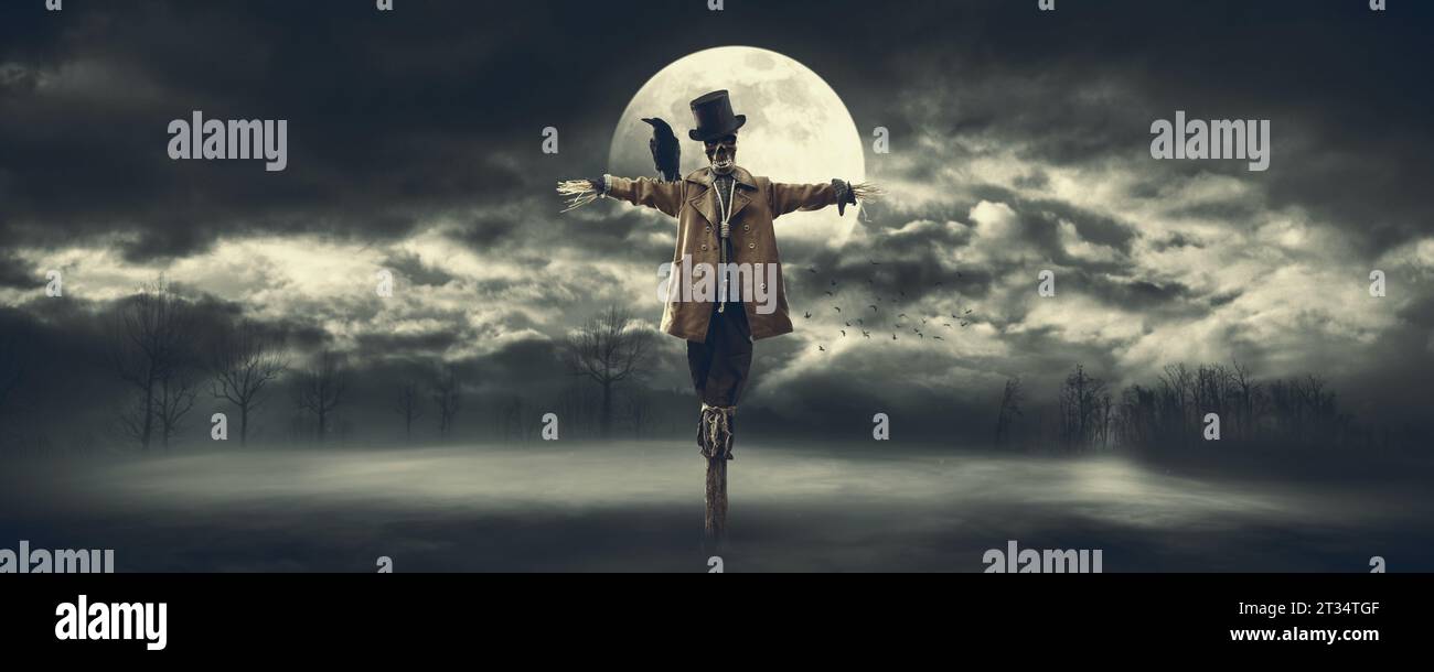 Creepy scarecrow with crow on his shoulder and full moon in the night ...