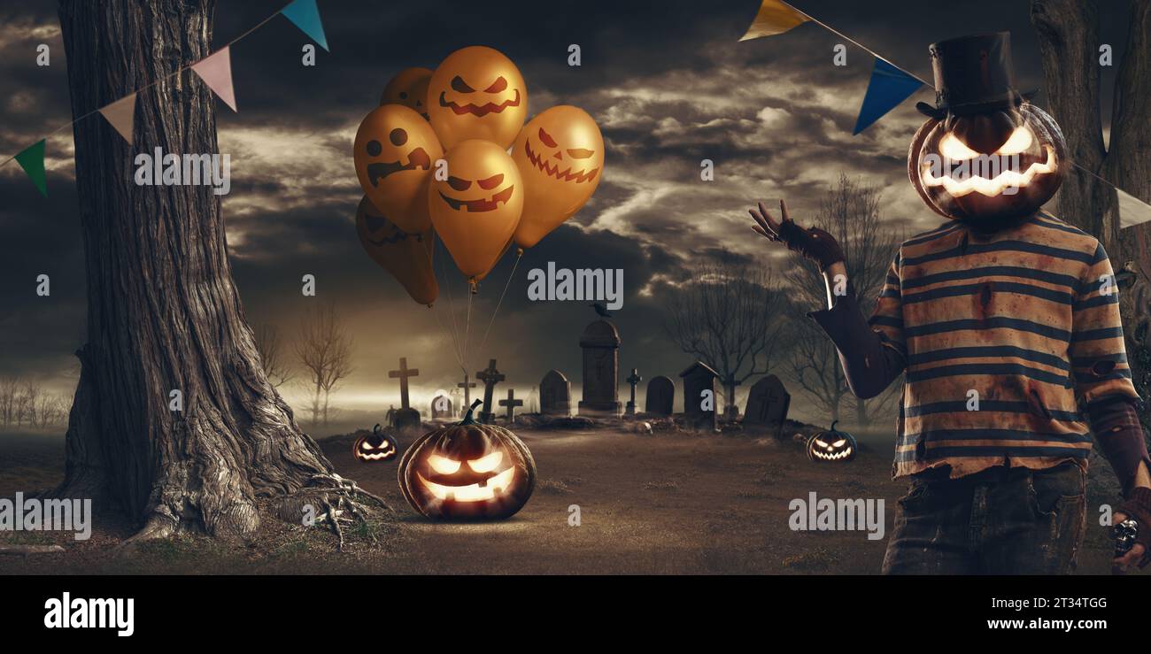 Creepy horror Halloween party at the cemetery with evil character ...