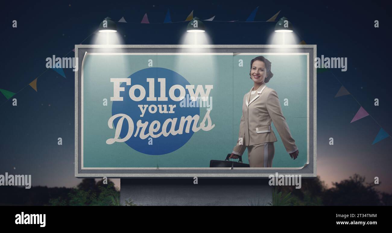 Confident vintage style businesswoman on billboard advertisement and ...