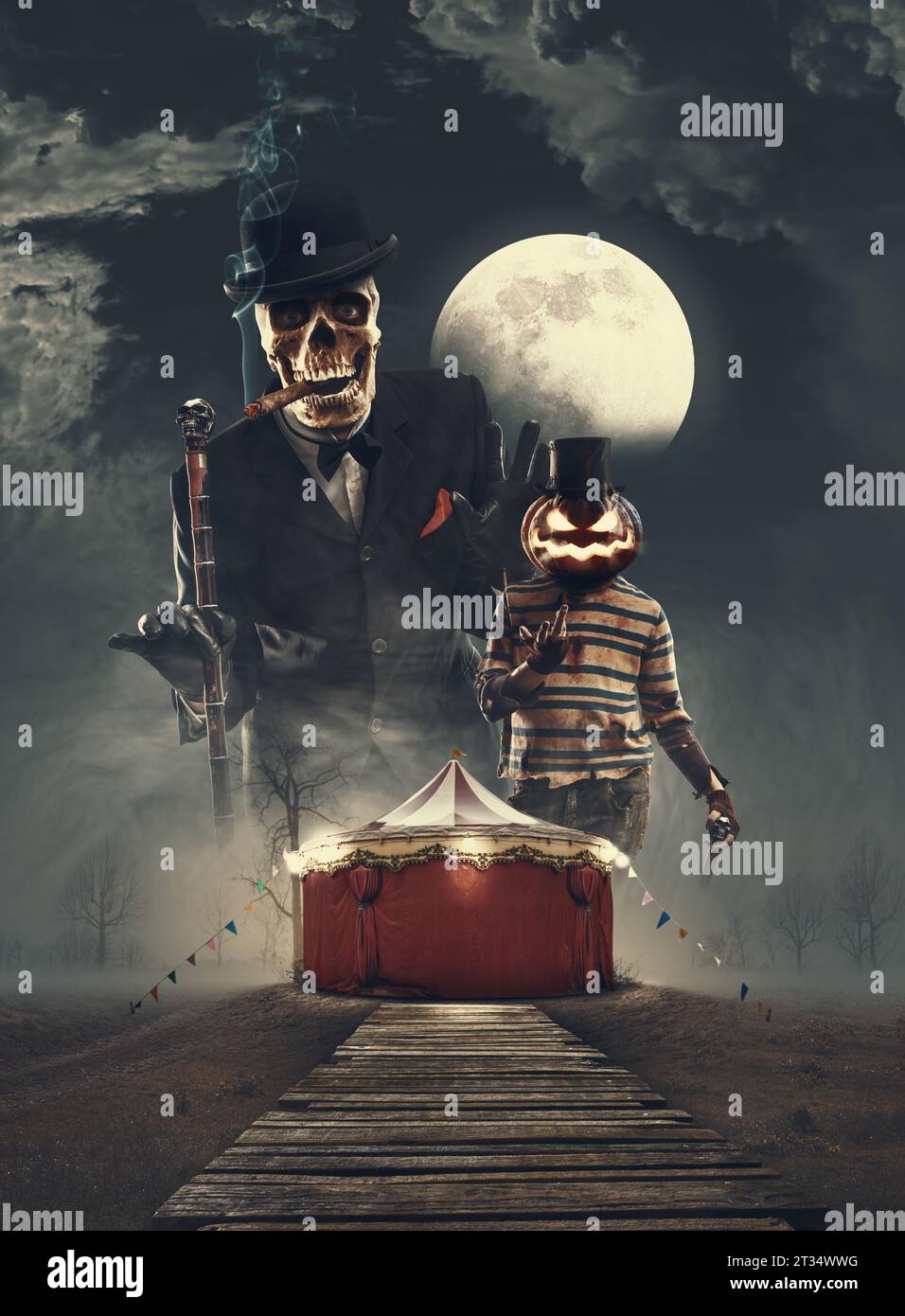 Vintage circus tent in the dark and scary horror characters in the ...