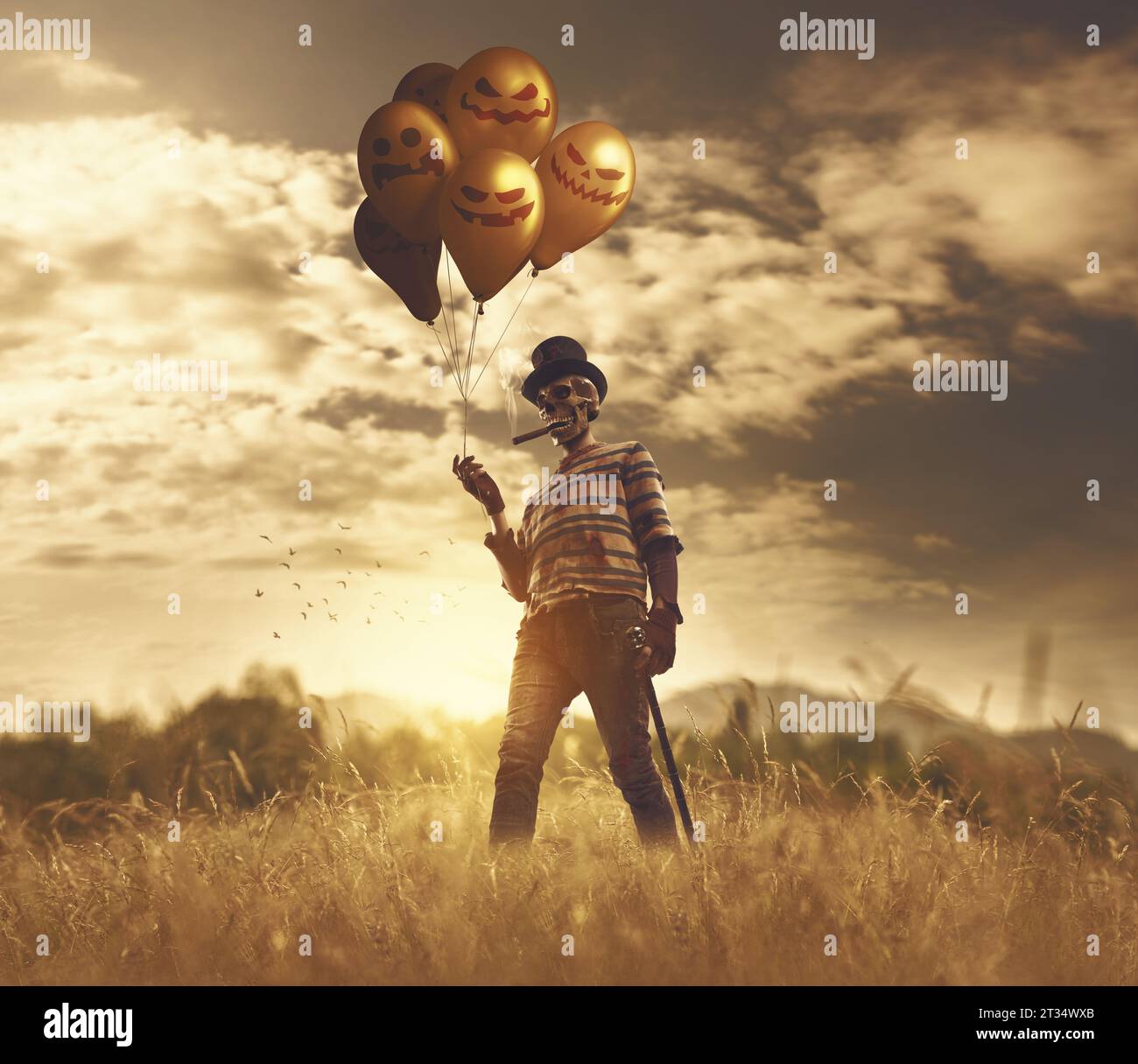 Creepy monster with skull head walking in the fields at sunset and ...