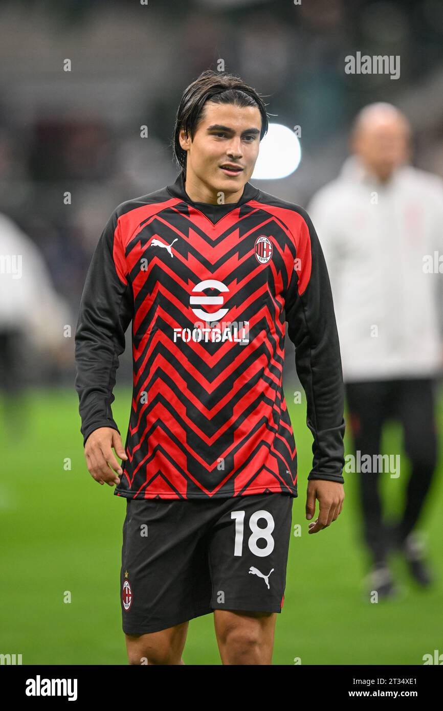 Milano, Italy. 22nd Oct, 2023. Luka Romero (18) of AC Milan is warming ...