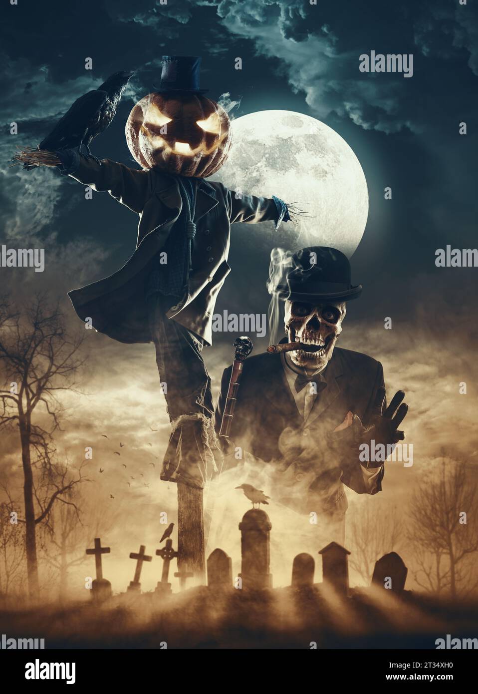 Horror Halloween poster with spooky characters and scary old graveyard ...