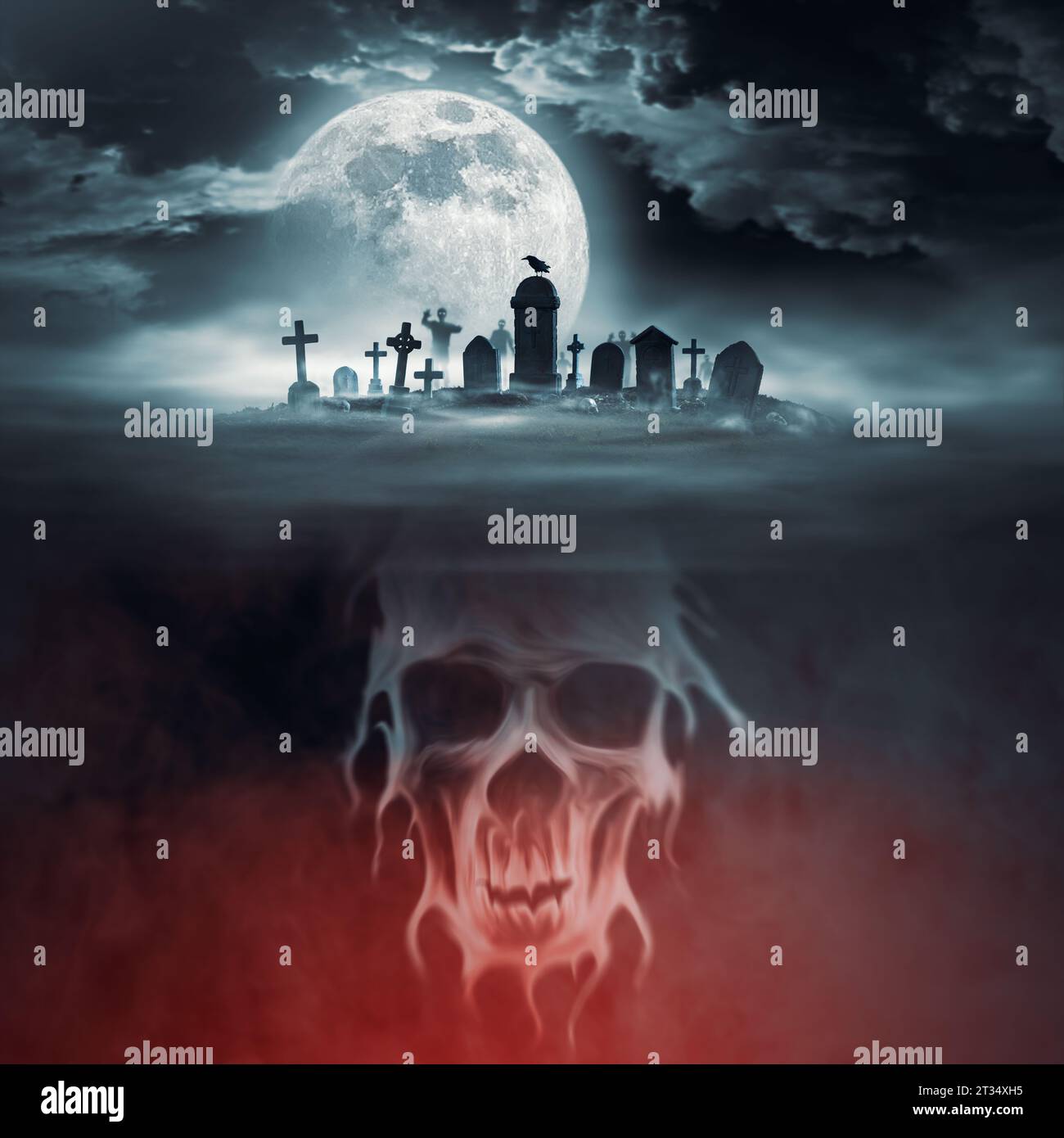 Creepy cemetery with zombies at night and big scary skull, Halloween ...