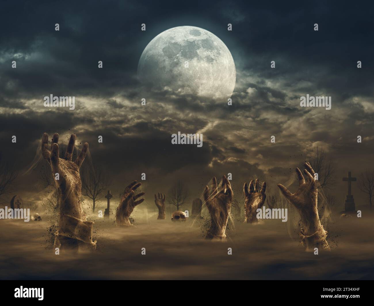 Creepy zombies rising from their graves in the cemetery, horror and ...