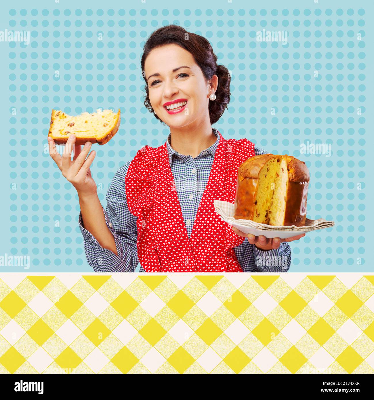 Vintage woman in apron eating a slice of panettone, traditional italian ...