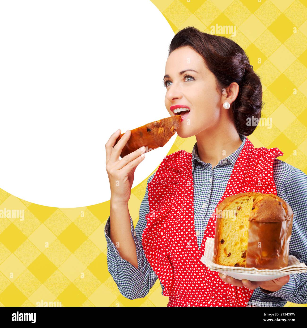 Vintage woman in apron eating a slice of panettone, traditional italian ...