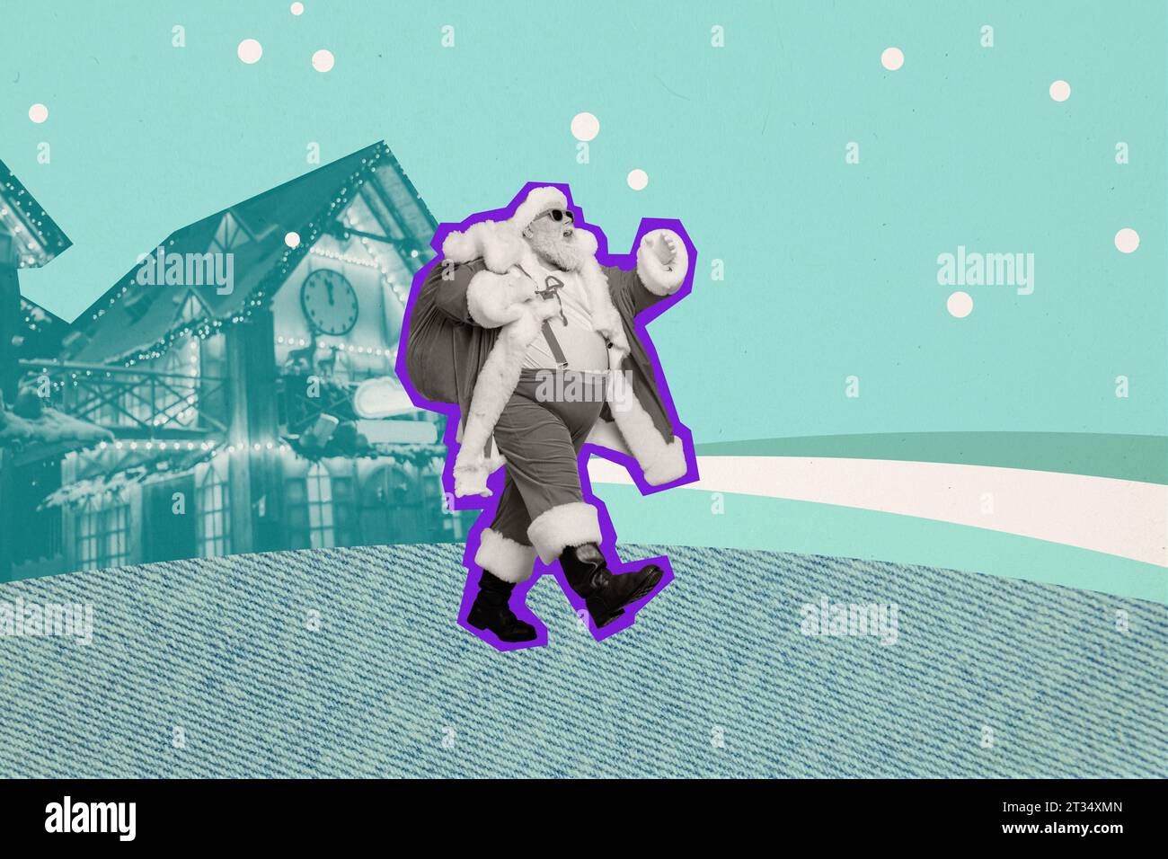 Artwork collage picture of black white colors funky santa walk carry ...