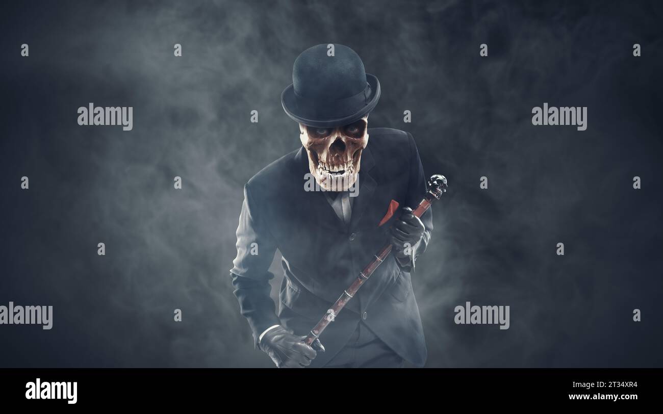 Scary evil character with skull head wearing an elegant suit, he is ...