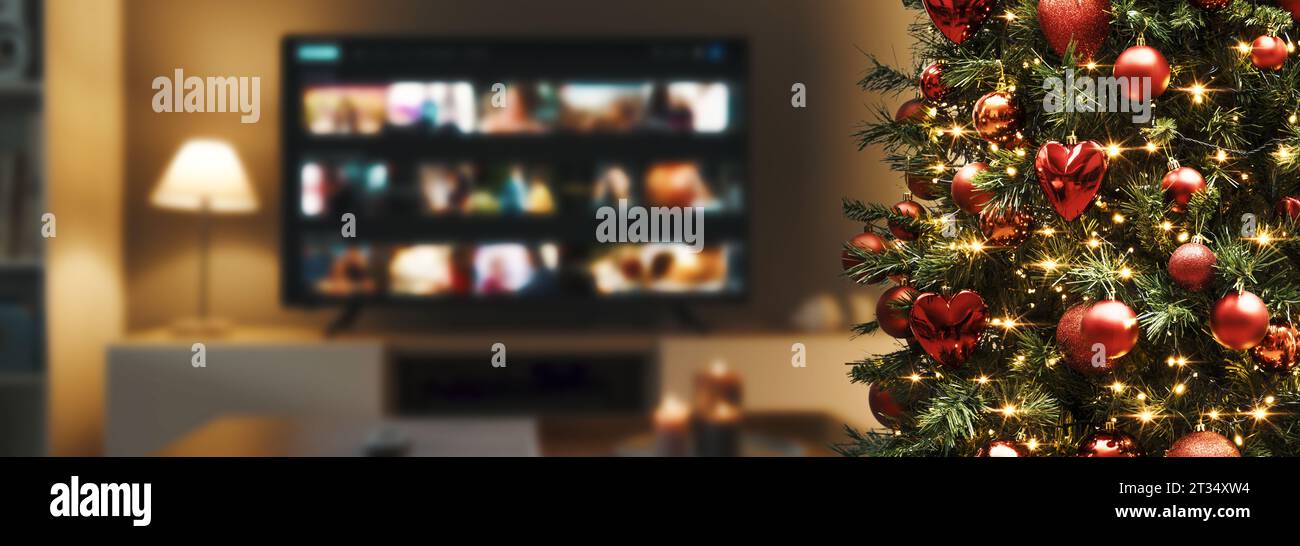 4K television and living room interior, Christmas tree in the ...