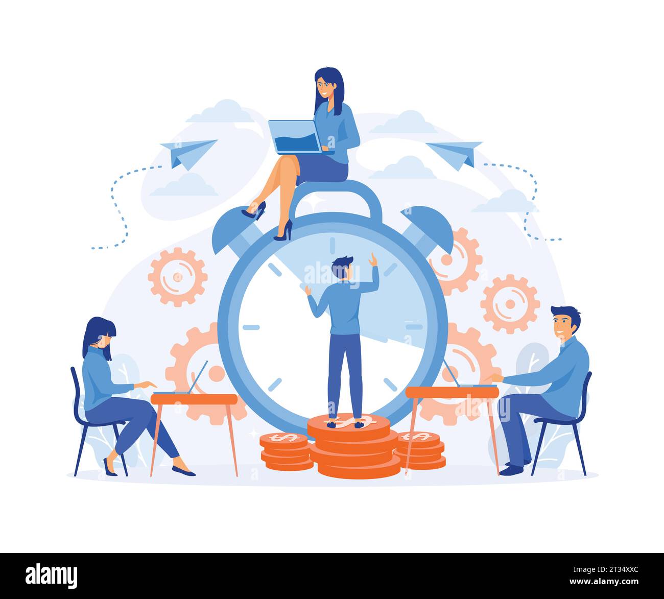 time management. control. Businessman run along gear in form of clock ...