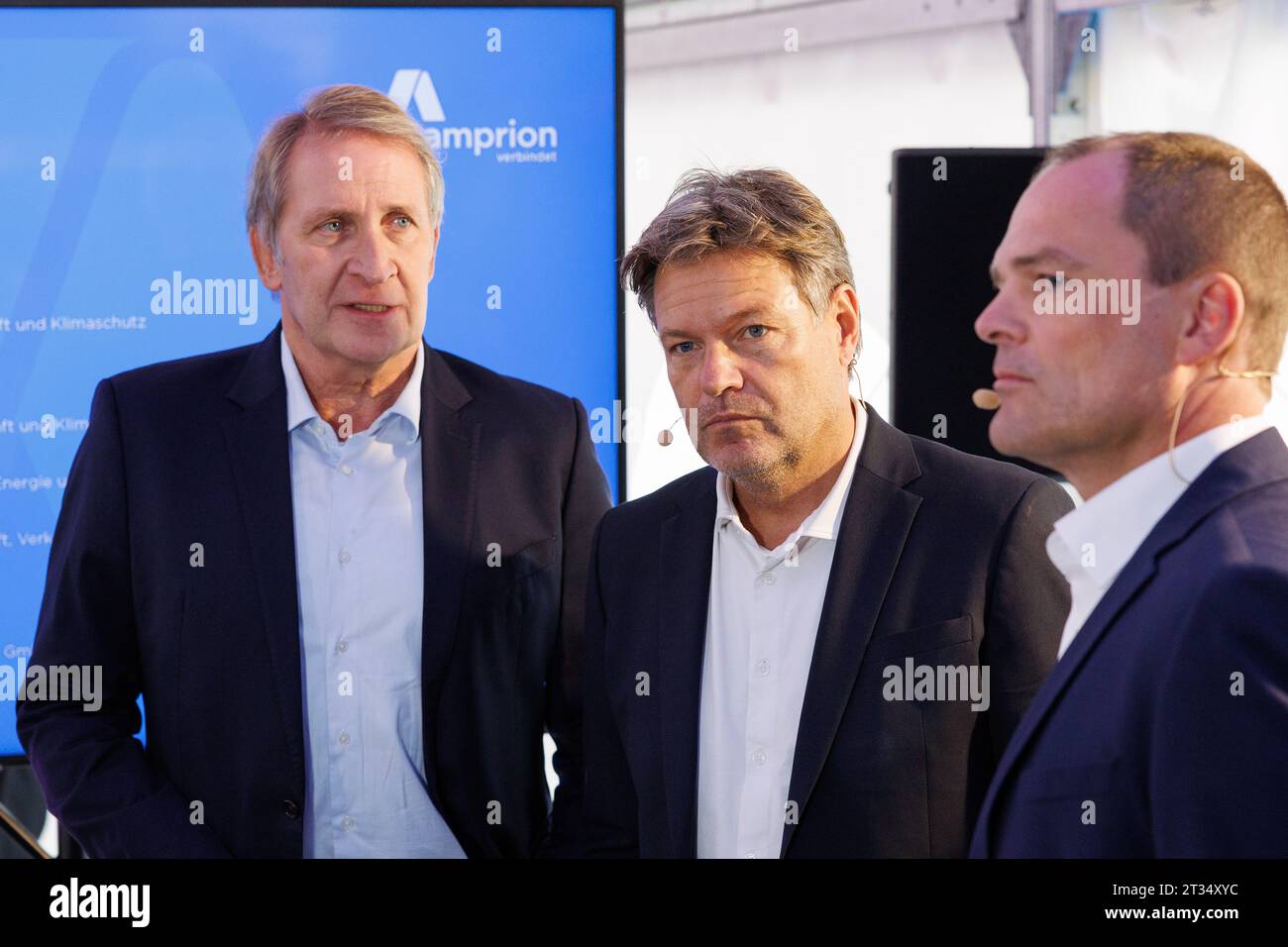 Meppen, Germany. 23rd Oct, 2023. Hans-Jürgen Brick (l-r, CEO Amprion), Federal Minister of ...