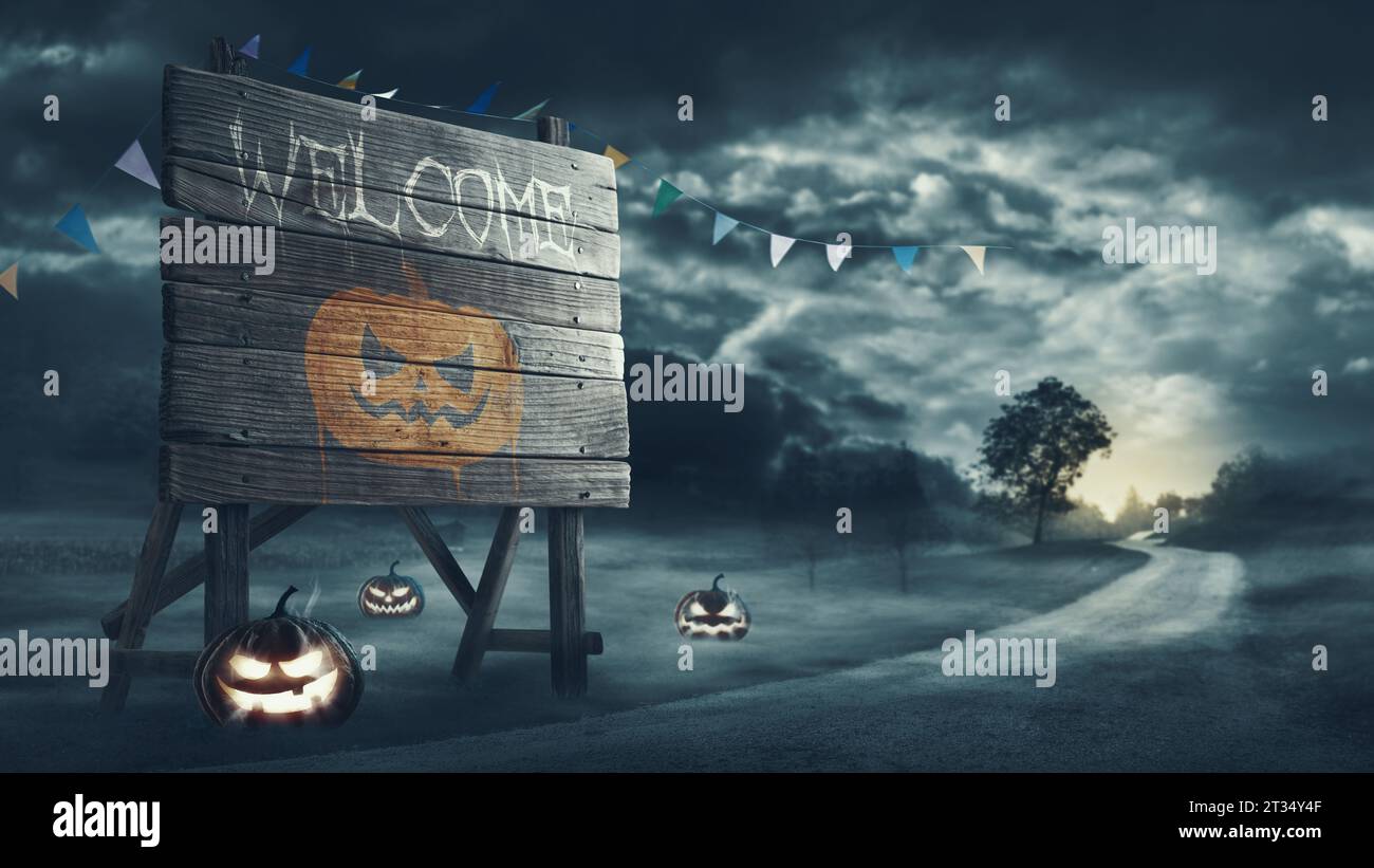 Creepy Halloween welcome sign on the road and scary pumpkins Stock ...
