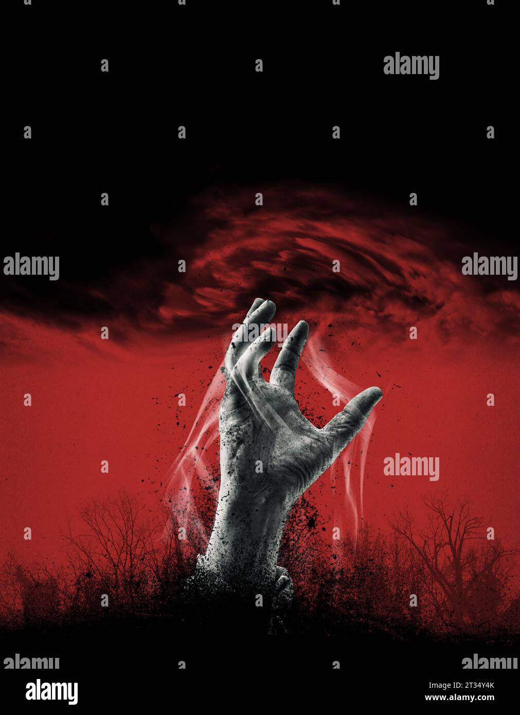 Scary zombie hand coming out of the ground, creative poster with copy ...