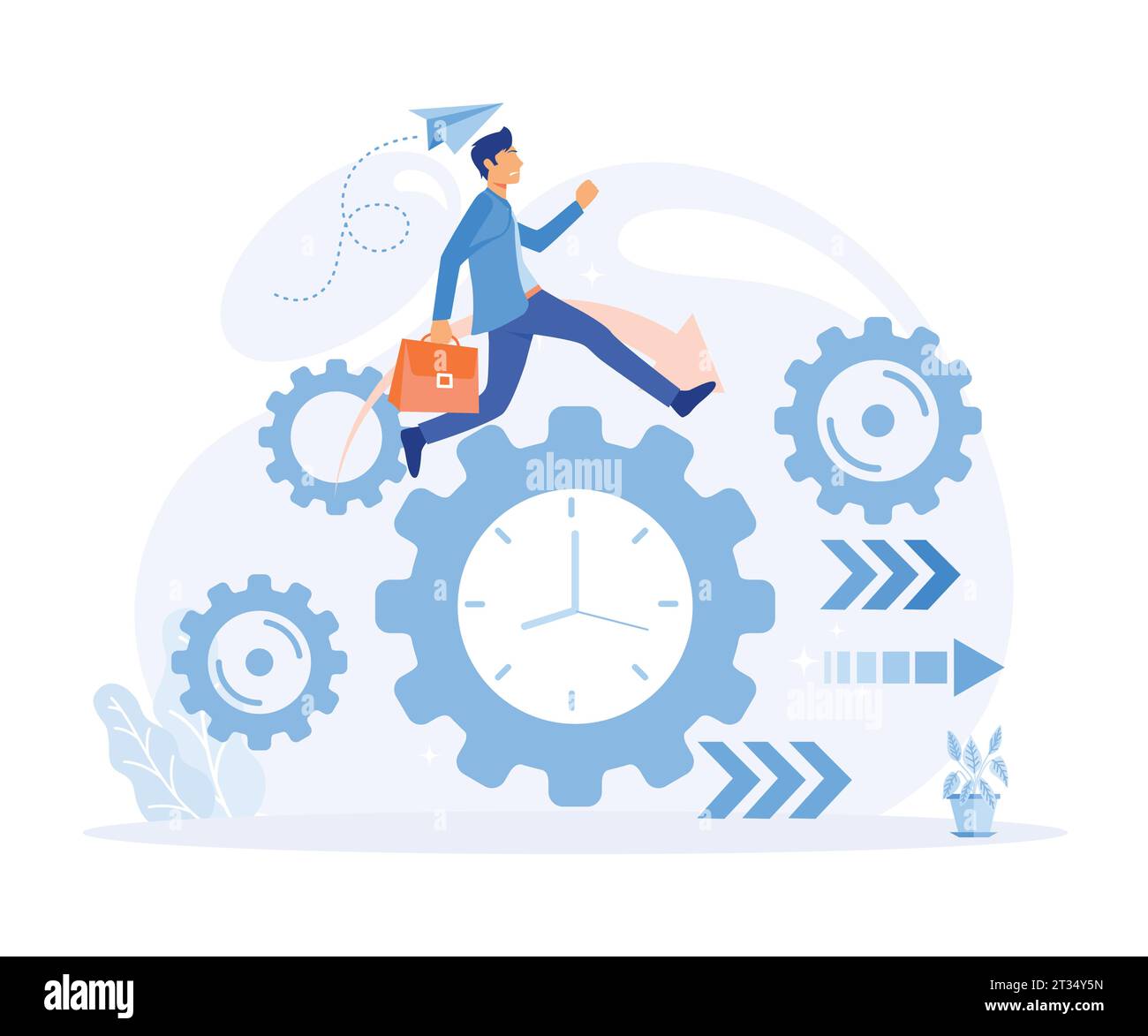 Time management, control. Businessman run along gear in form of clock ...