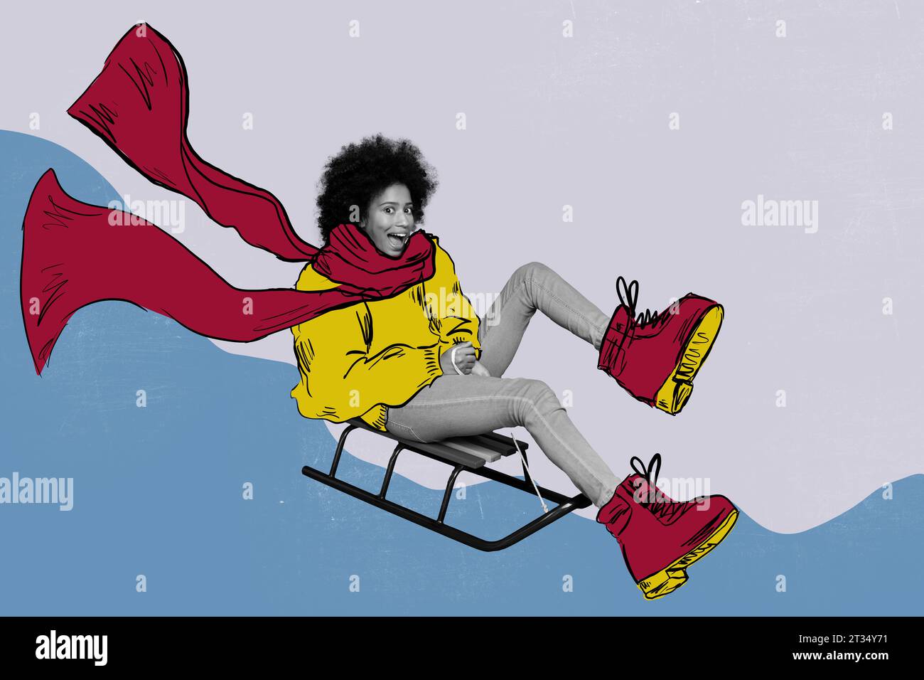 Composite collage picture image of funny teen girl sled down slope have ...