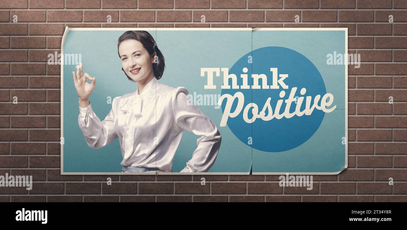 Think positive vintage inspirational advertisement with happy woman ...
