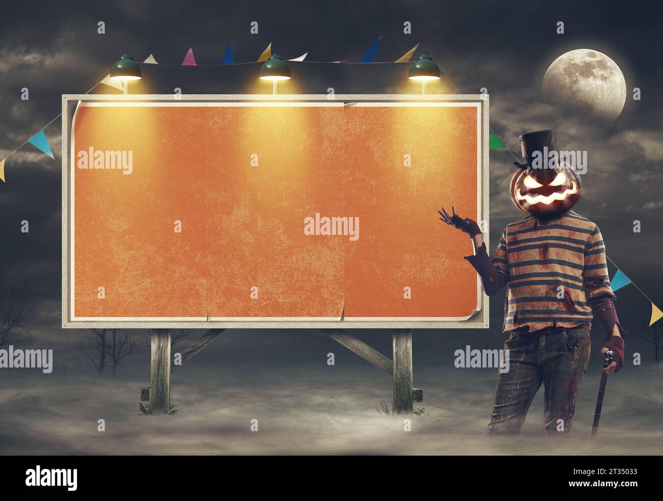 Horror scary Halloween character with pumpkin head showing a billboard ...