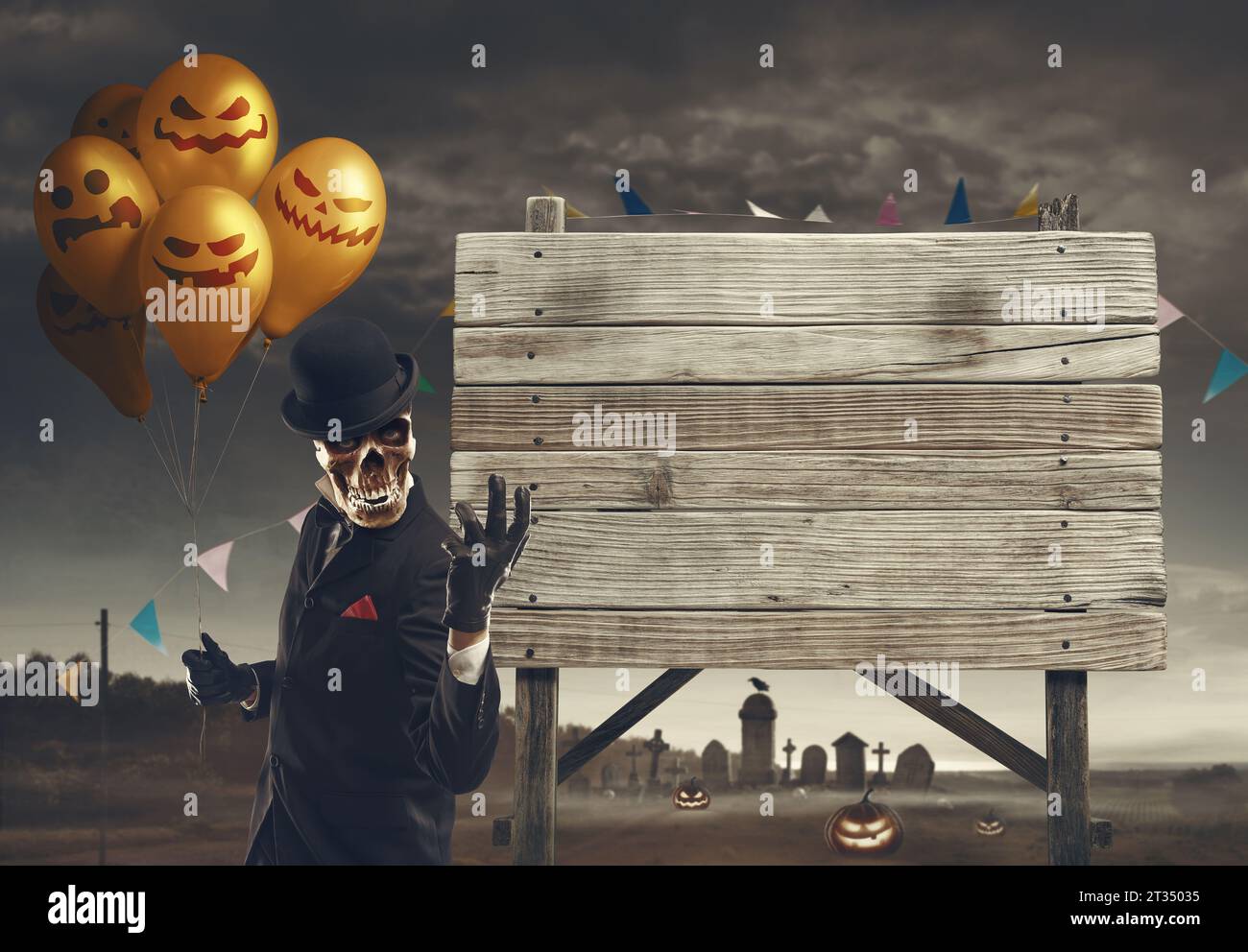 Creepy Halloween skeleton character holding balloons and showing a ...