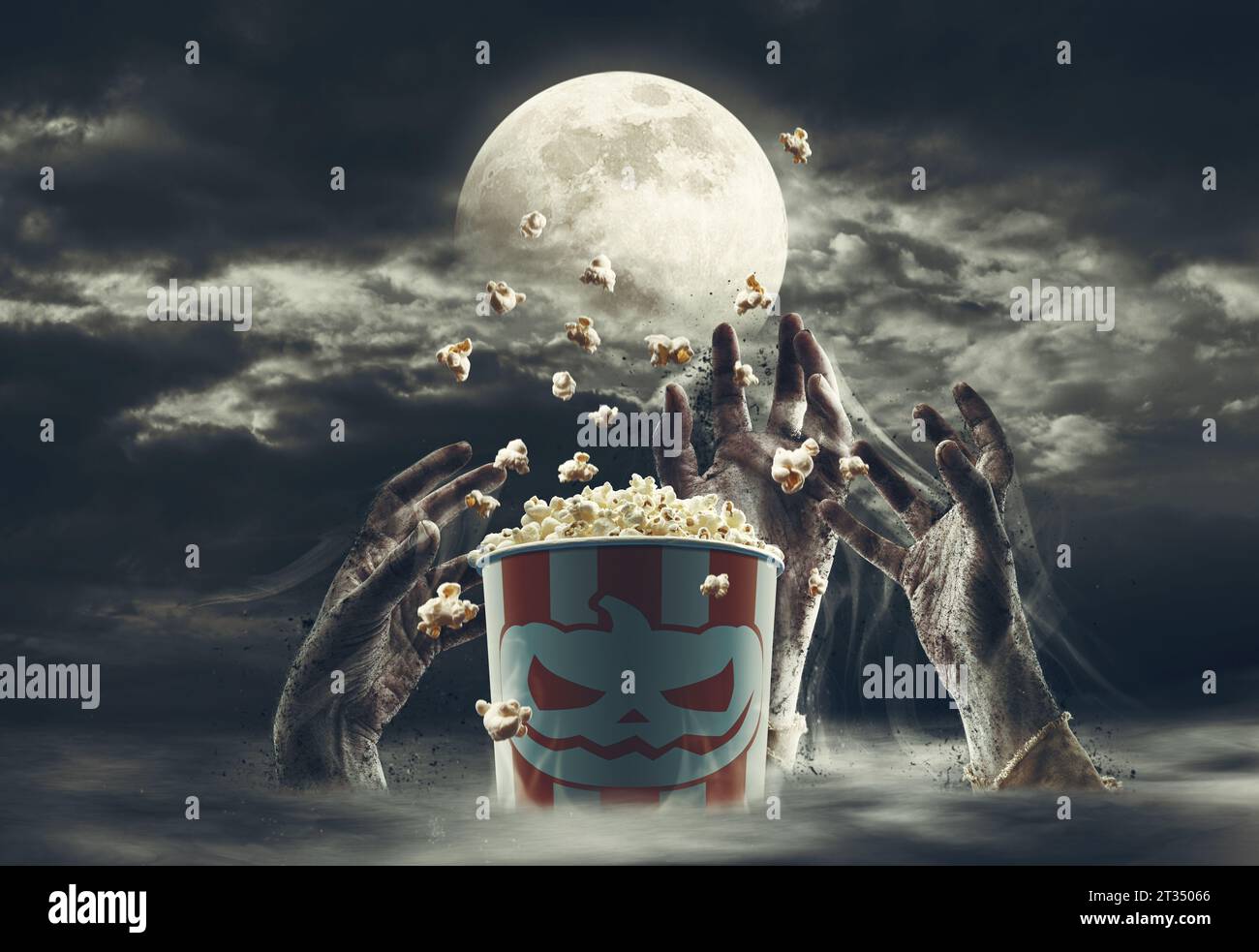 Popcorn bucket surrounded by zombie hands and full moon: horror movies ...