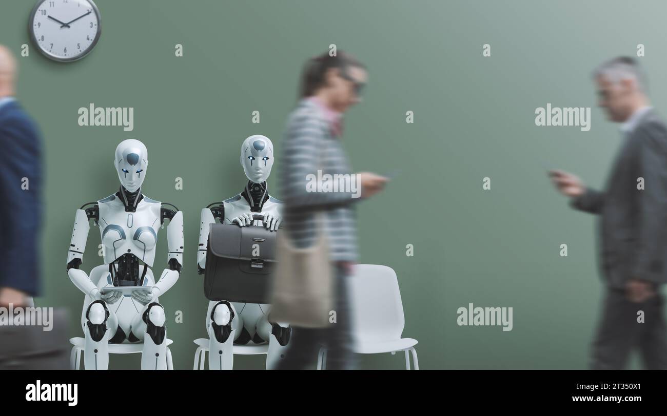 Business people and humanoid AI robot sitting and waiting for a job ...