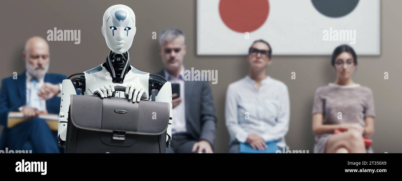 Business people and humanoid AI robot sitting and waiting for a job ...