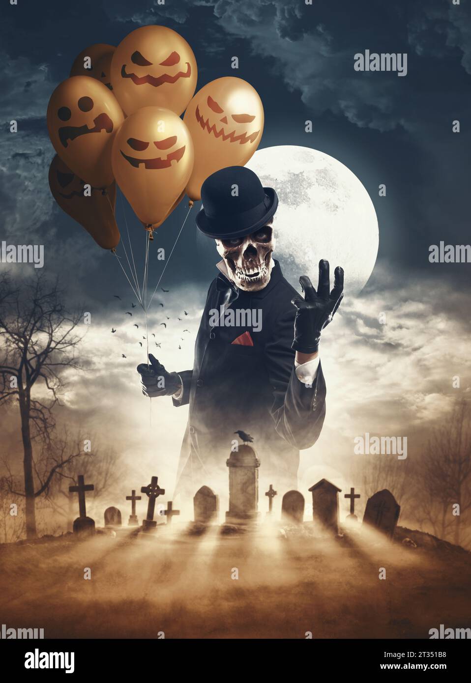 Scary Halloween and horror poster with evil character holding balloons ...