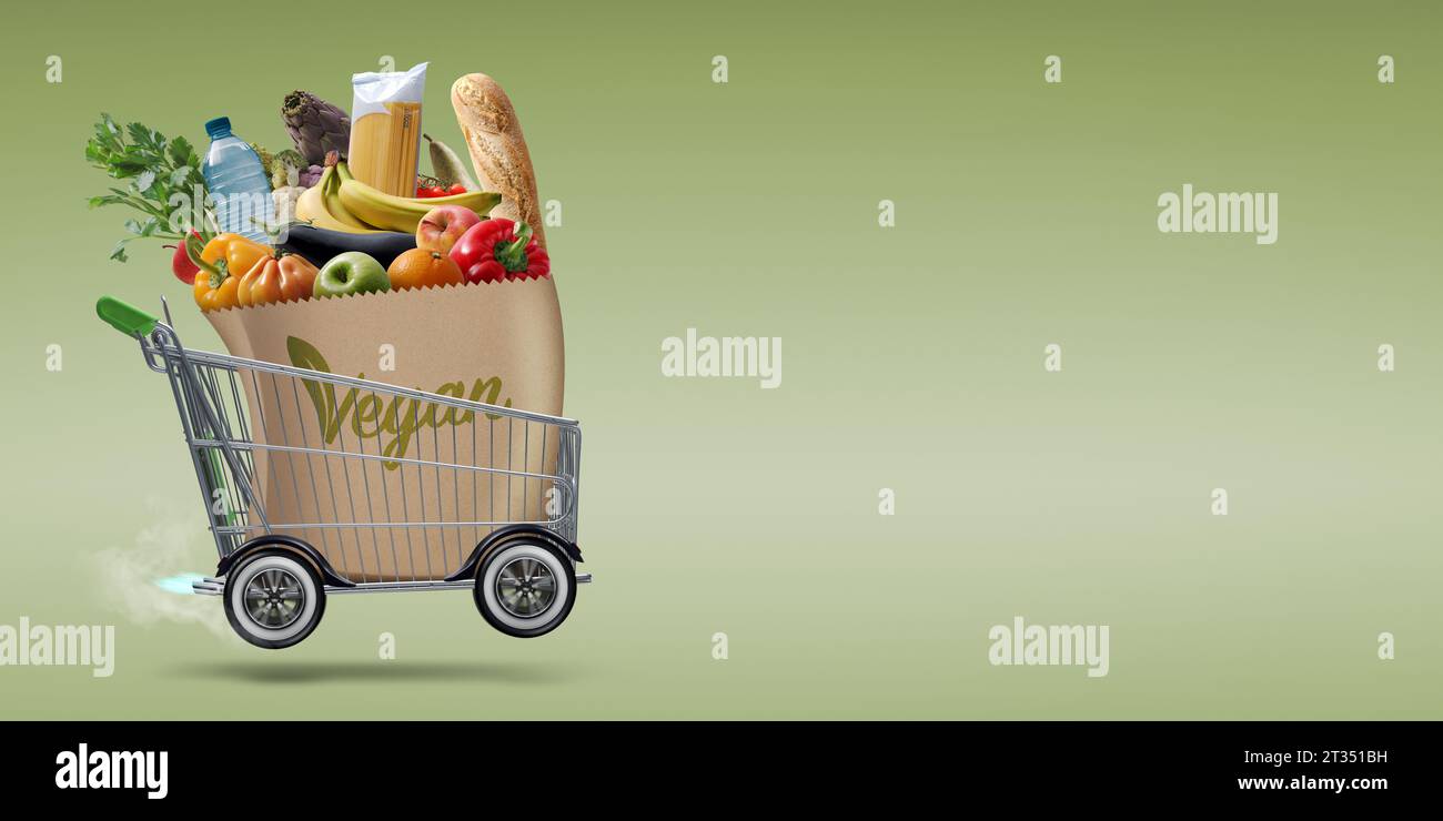 Fast rocket-propelled shopping cart delivering vegan groceries, online ...
