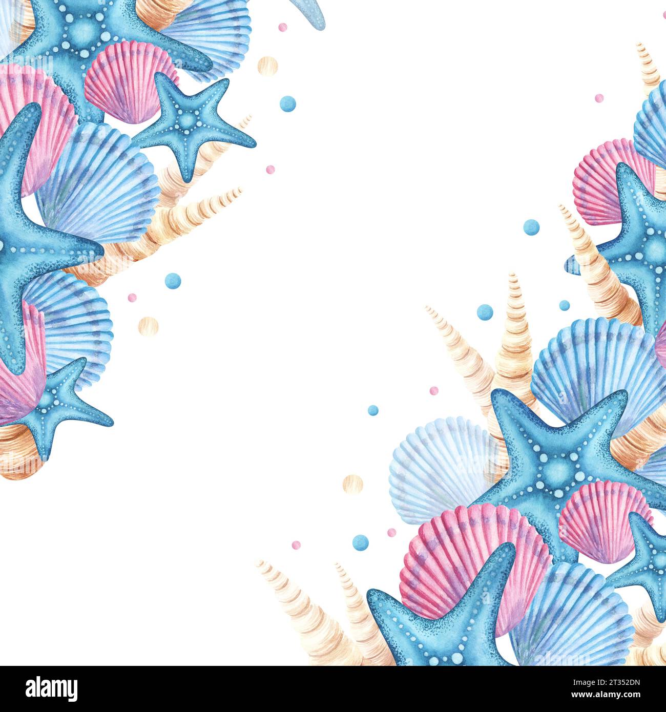 Watercolor corners of the frame with sea shells on white background ...
