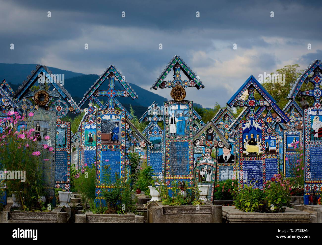 crosses painted with traditional motifs in the Sapanta cemetery in ...