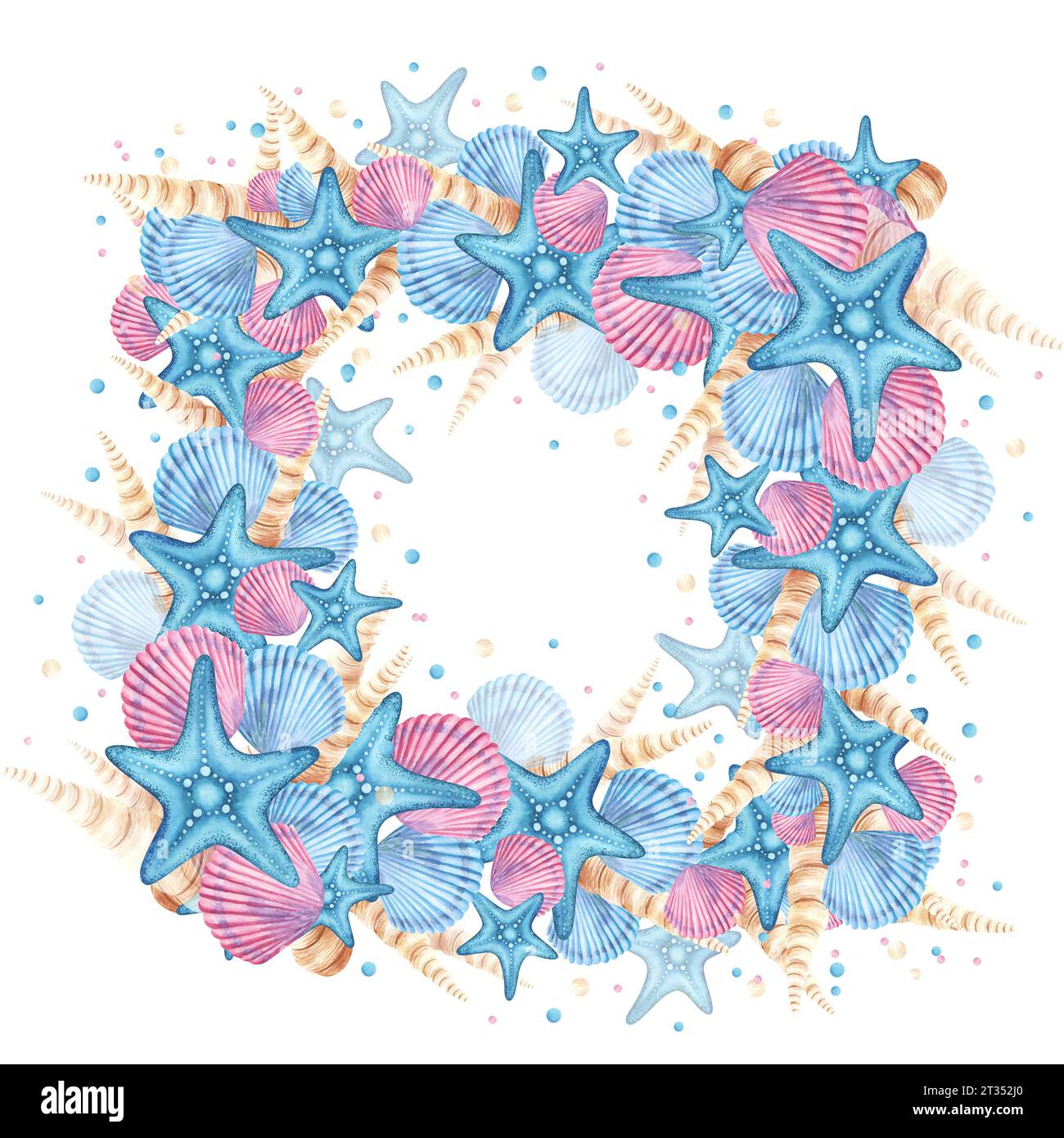 Watercolor corners of the frame with sea shells on white background ...