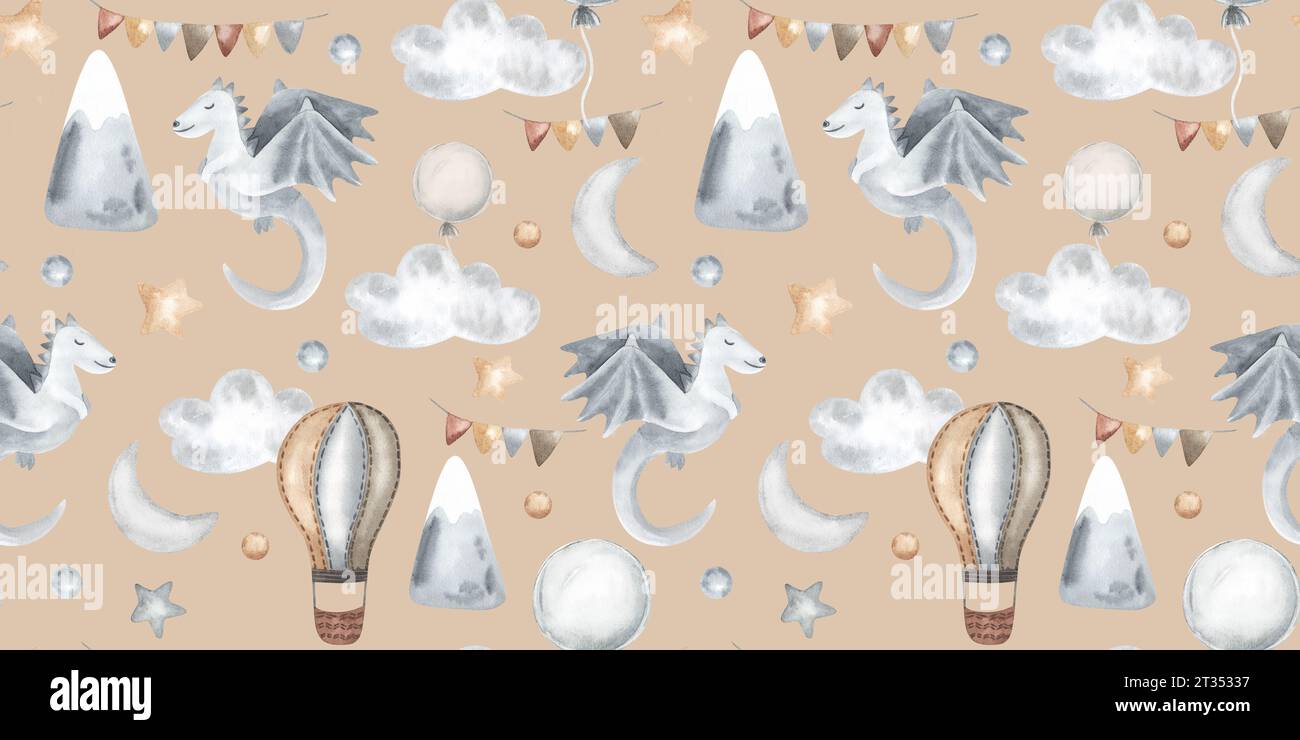 Watercolor seamless color repeating pattern with dragon. Childish with ...