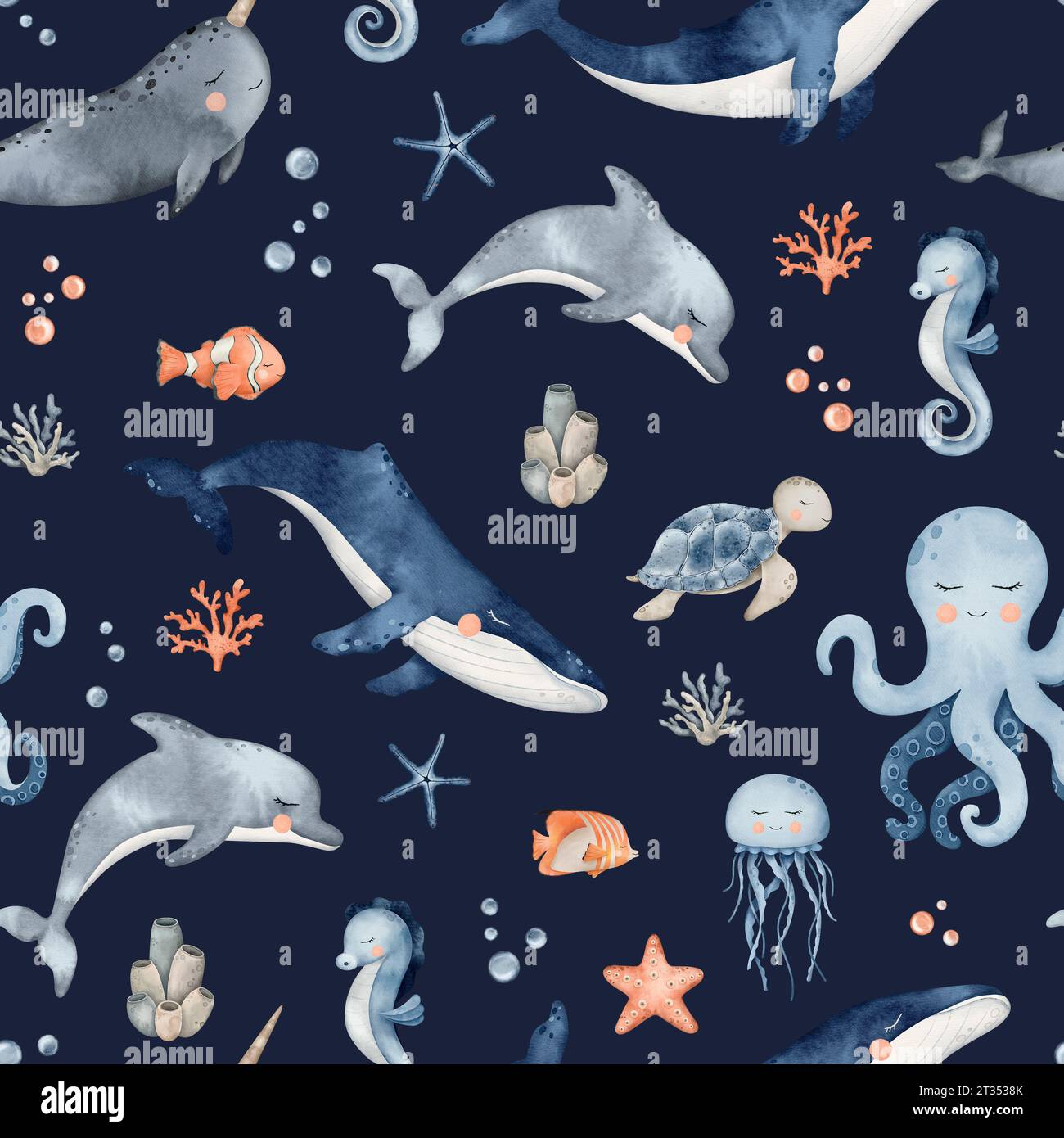 Underwater Animals seamless pattern. Cute undersea endless line with whale, orca, octopus ...