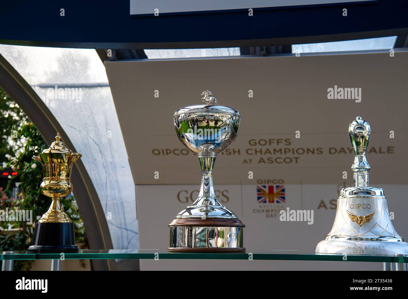 Ascot, Berkshire, UK. 21st October, 2023. Trophies in the Parade Ring ...