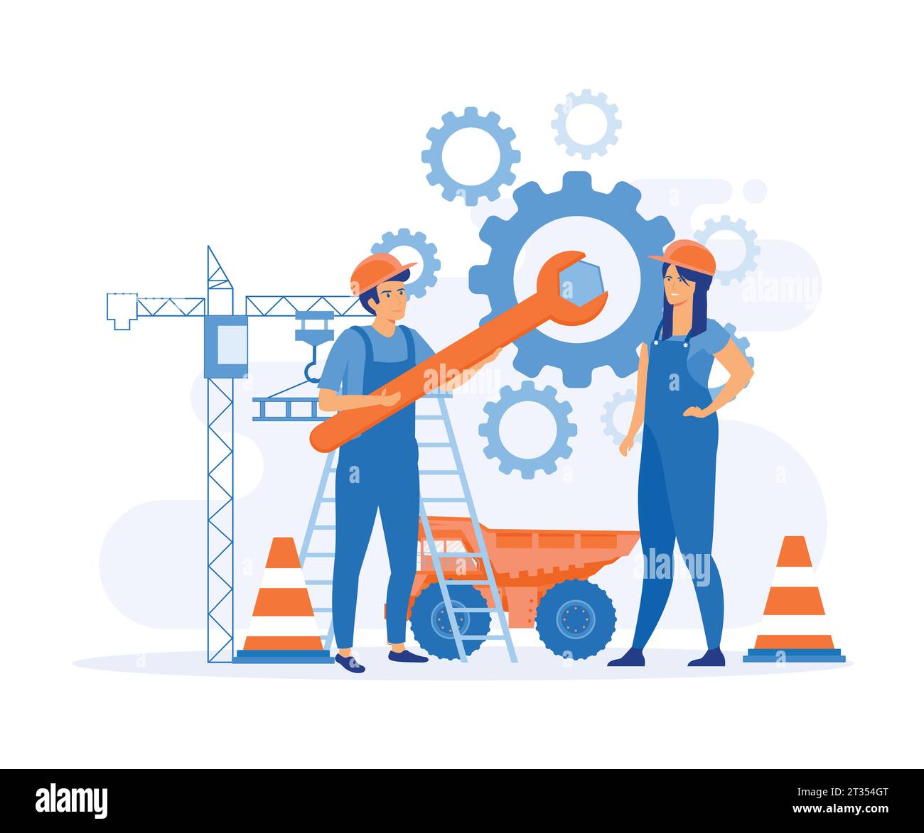 workers couple rotating cogwheels teamwork process. brainstorming and ...