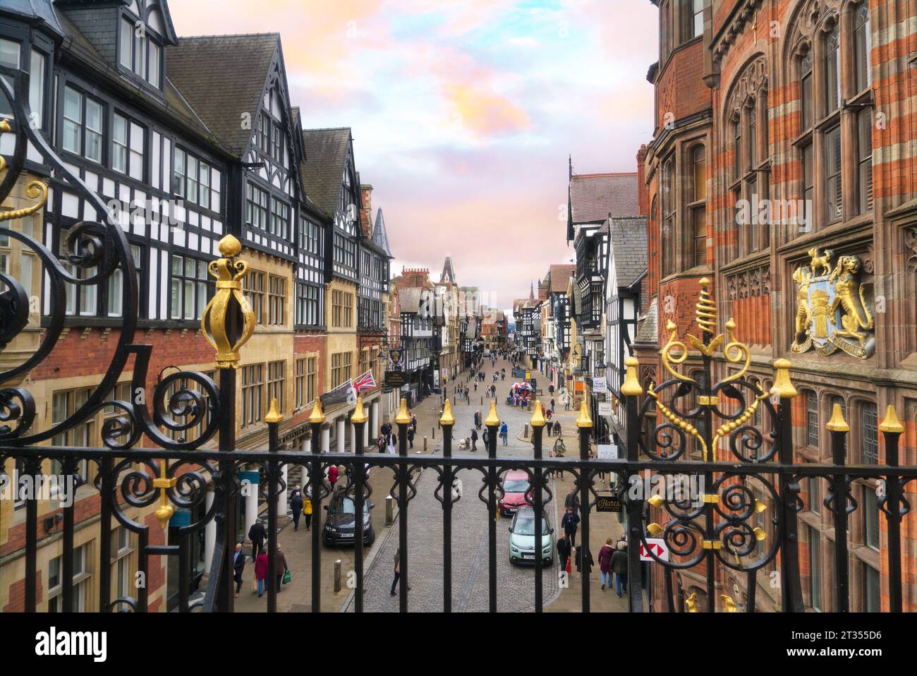 Ancient, beautiful Tudor buildings in Chester City Centre. Evening ...