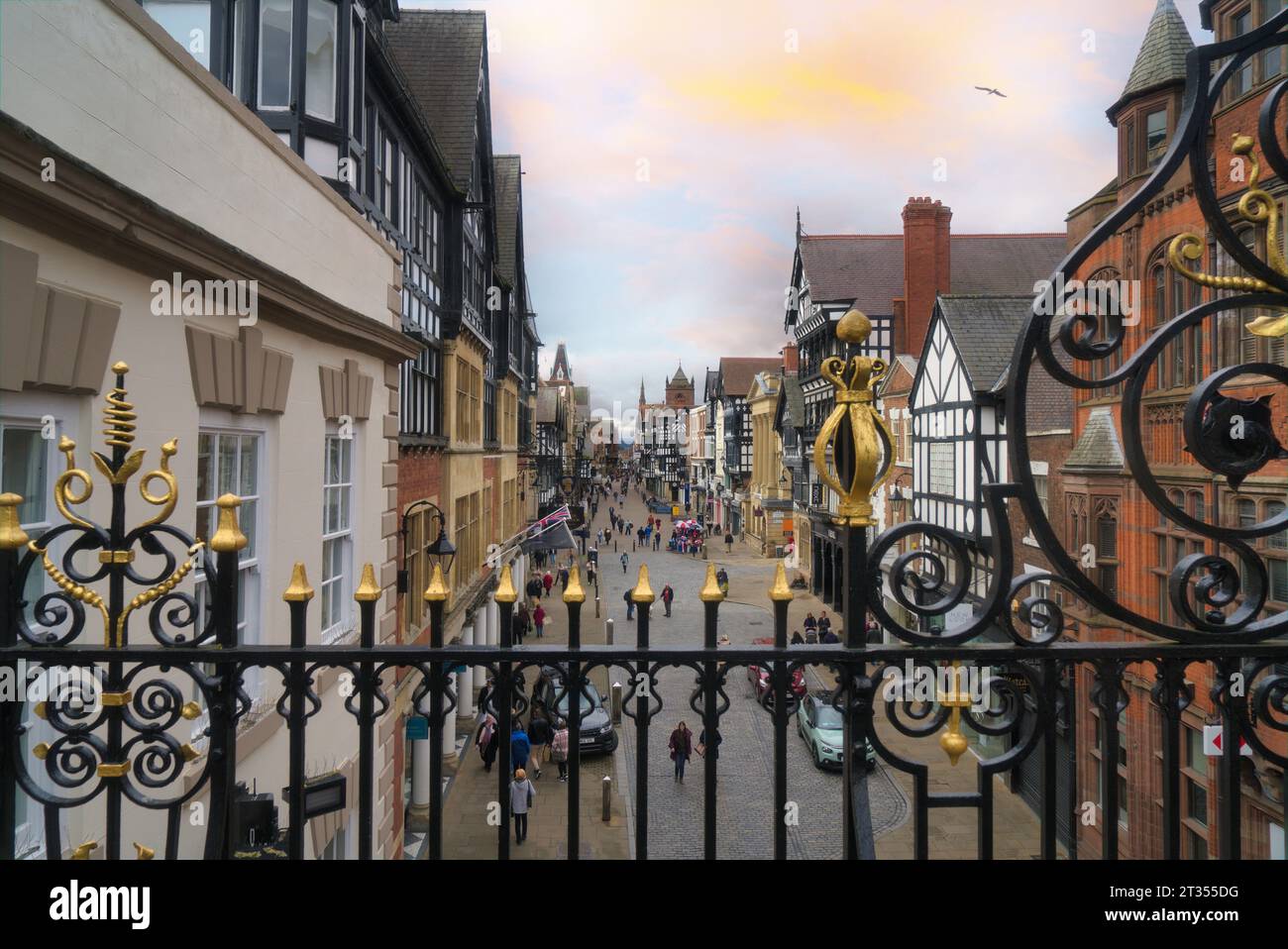 Ancient, beautiful Tudor buildings in Chester City Centre. Evening ...