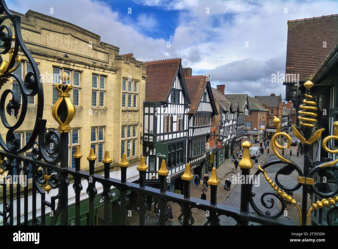 Ancient, beautiful Tudor buildings in Chester City Centre. Evening ...