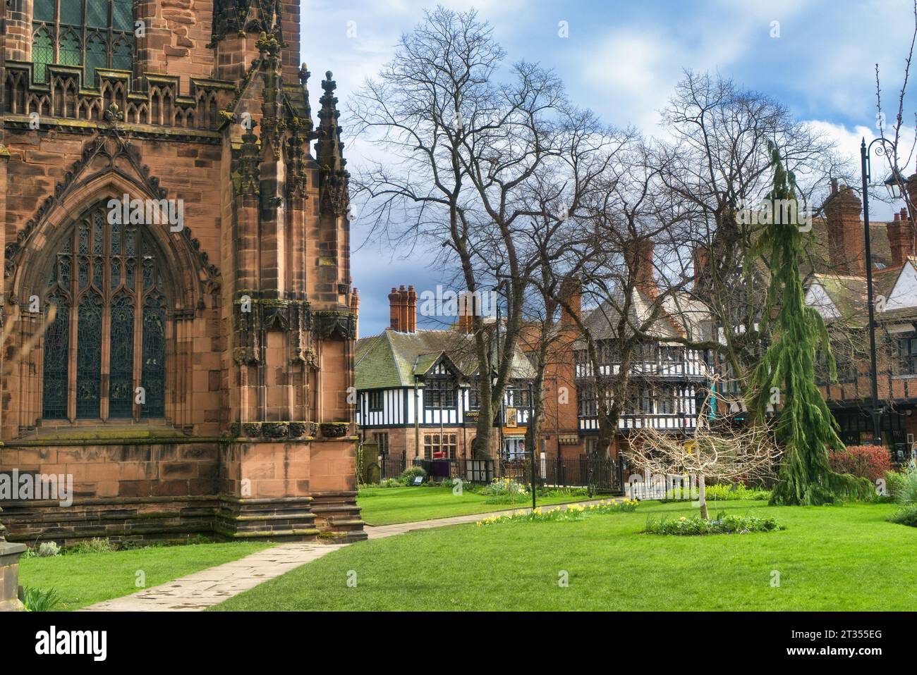 Chester cathedral in spring sunshine with front garden (Werburgh Street ...