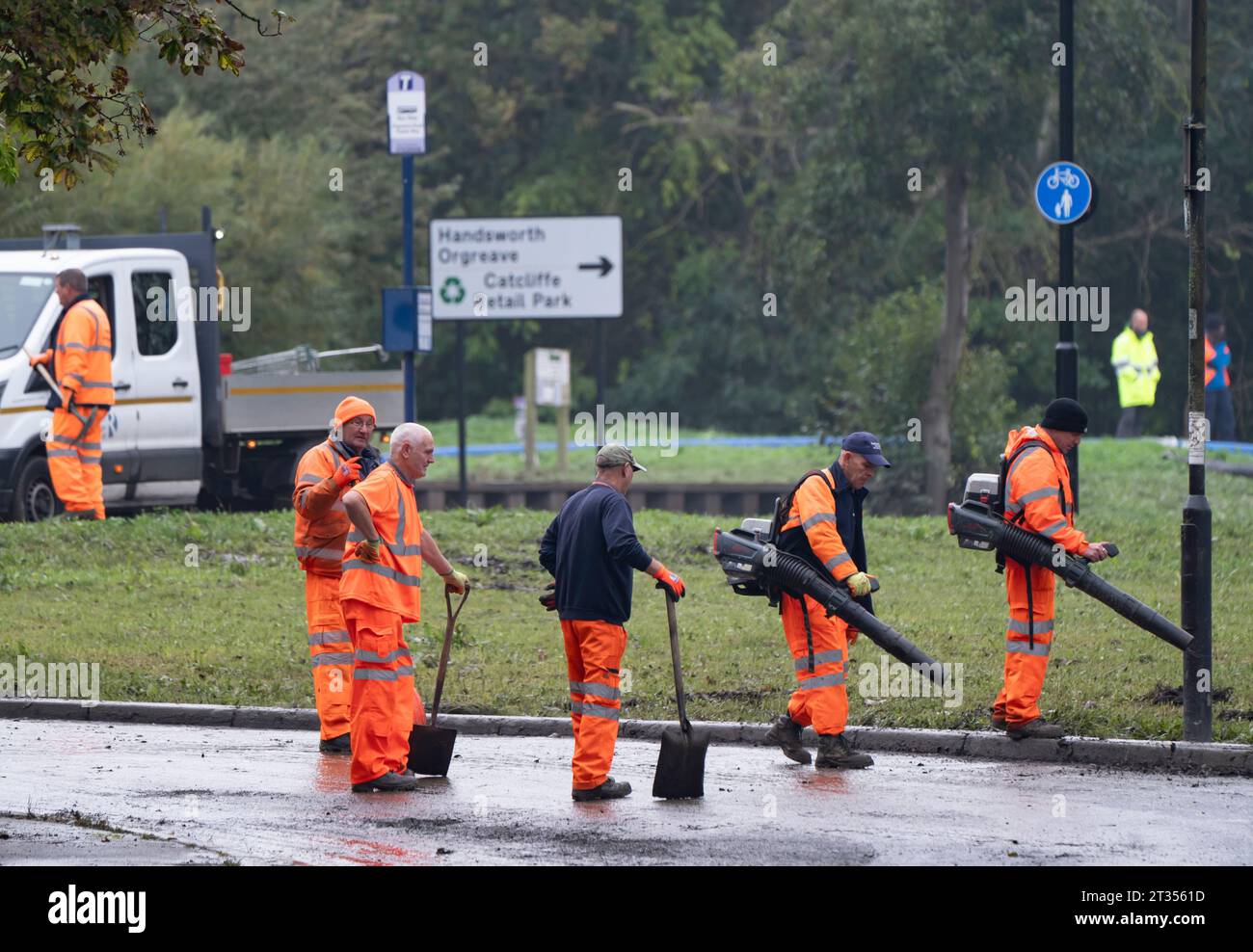The clean up begins in Catcliffe near Rotherham, South Yorkshire, in ...