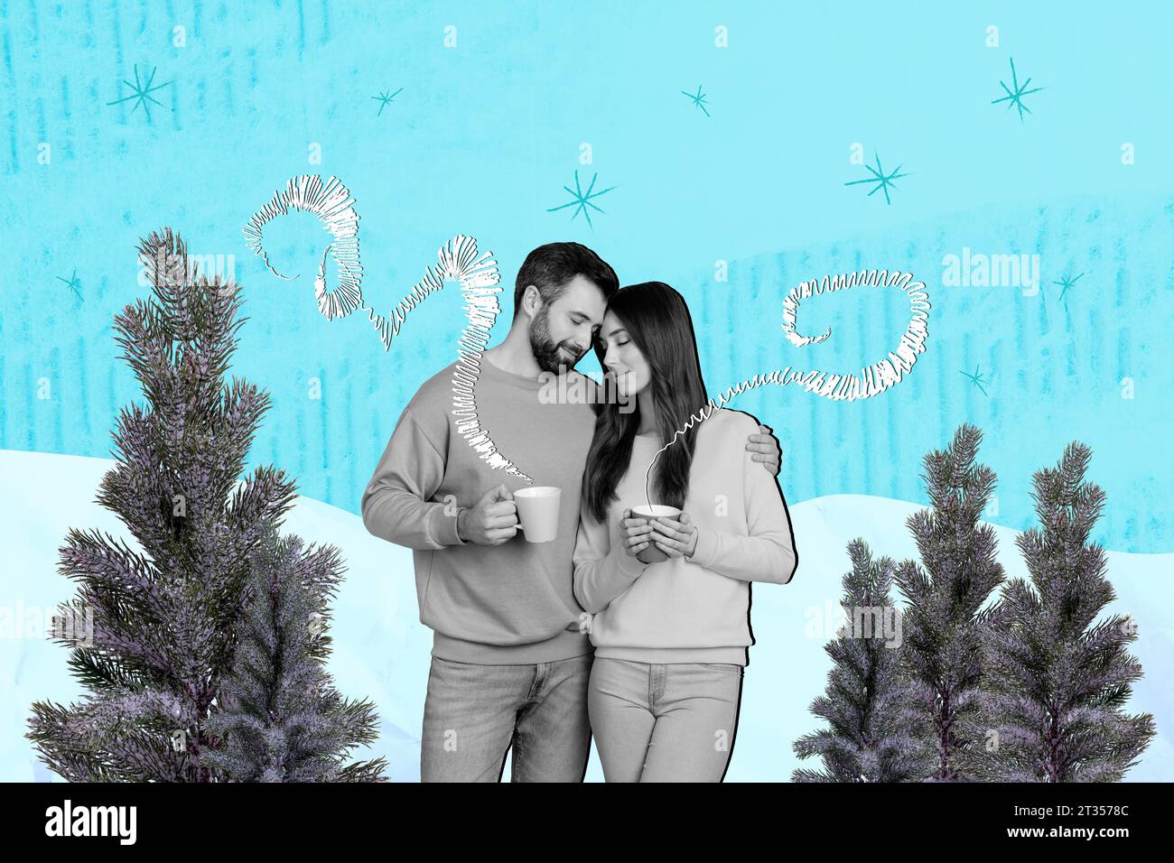 Artwork collage image of black white effect partners cuddle hold hot ...