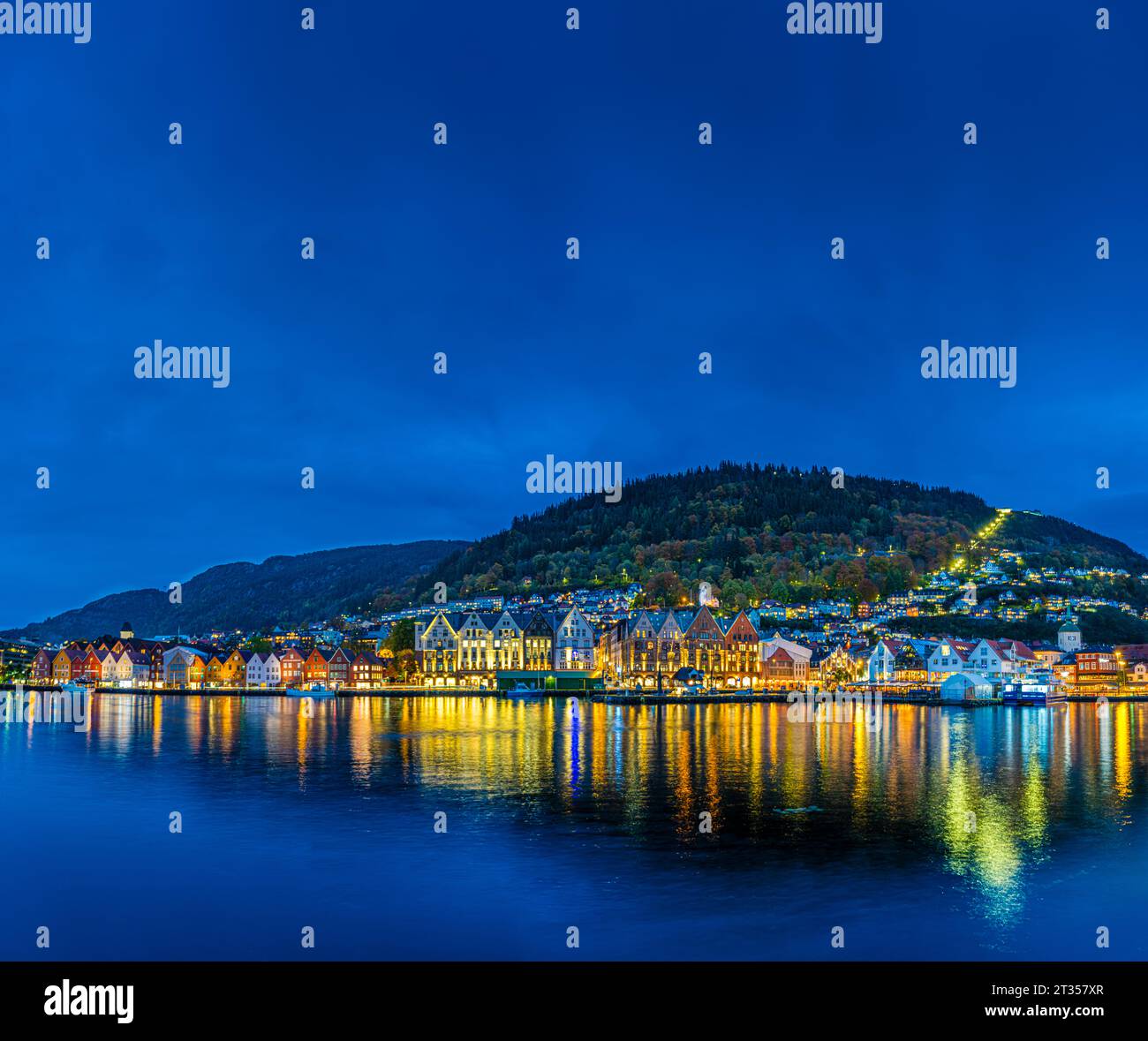 Late evening in Bergen in autumn at Bryggen, which is in the Unesco ...