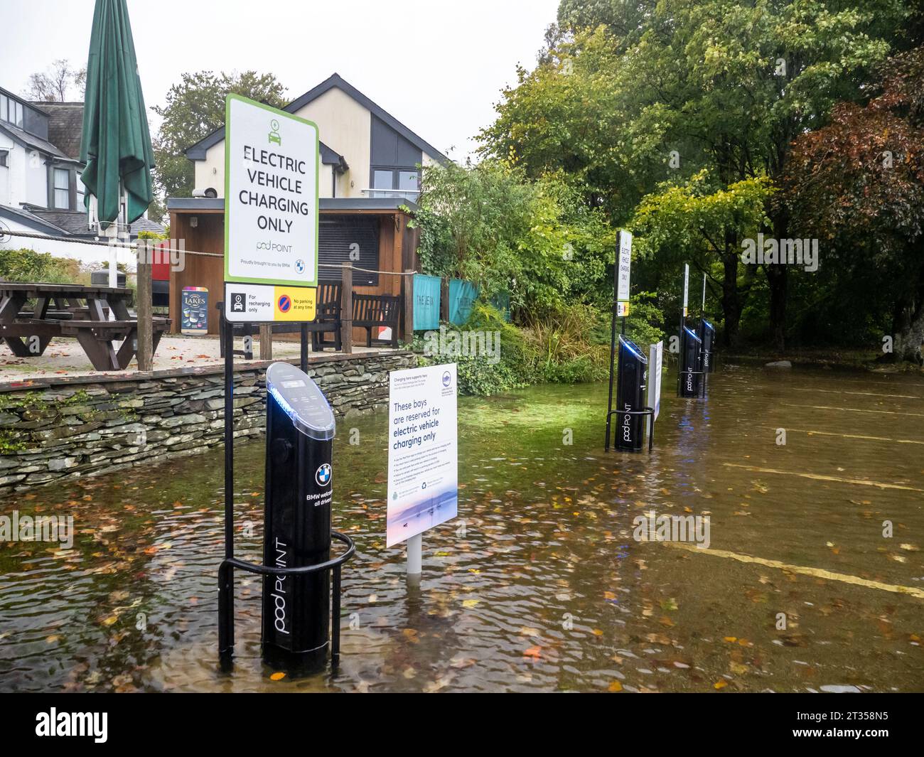 Electric car charging points in flooding in Ambleside, Lake District ...