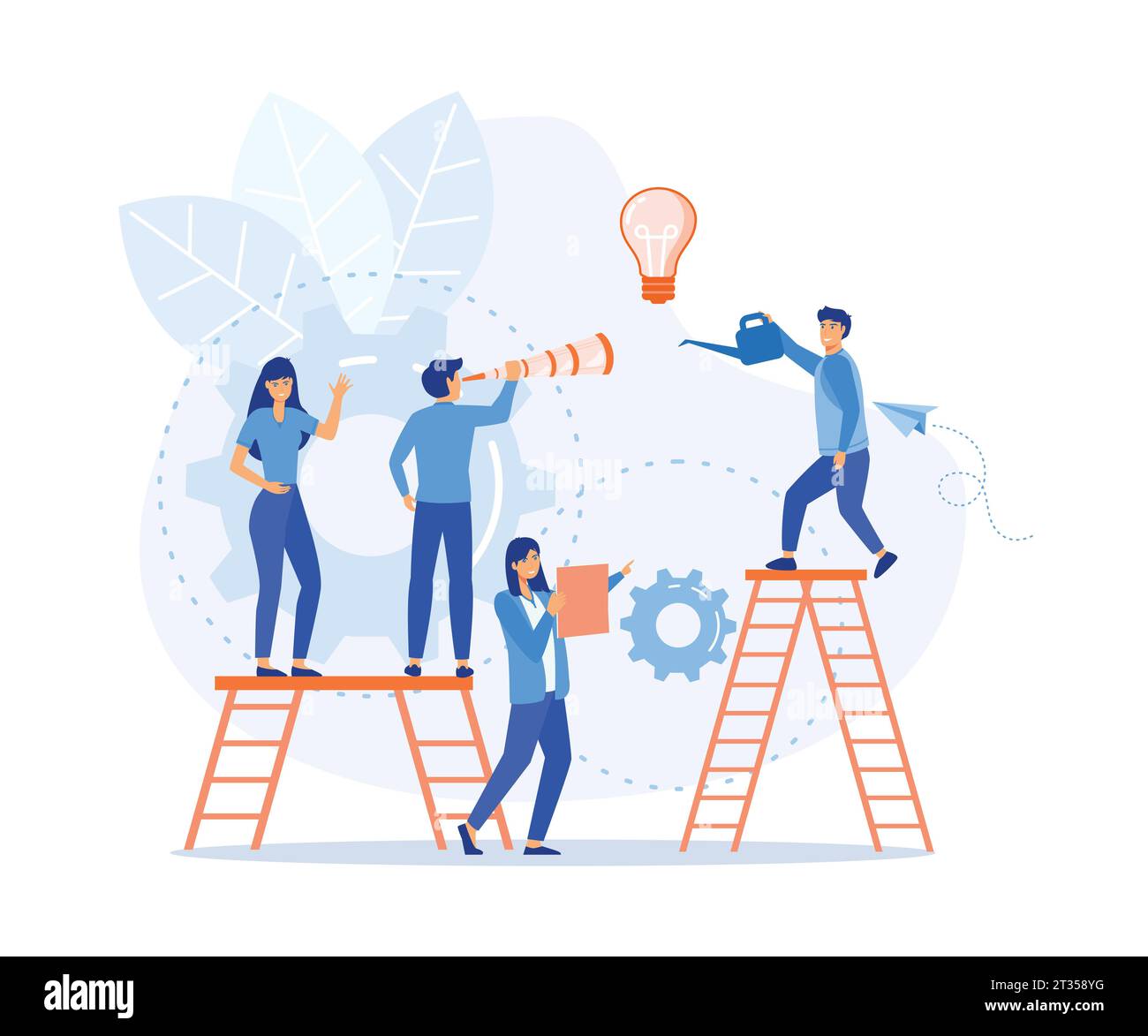 teamwork on finding new ideas, little people launch a mechanism, flat vector modern illustration ...