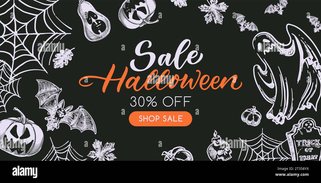 Halloween sale banner design template. Vector hand drawn sketch ...