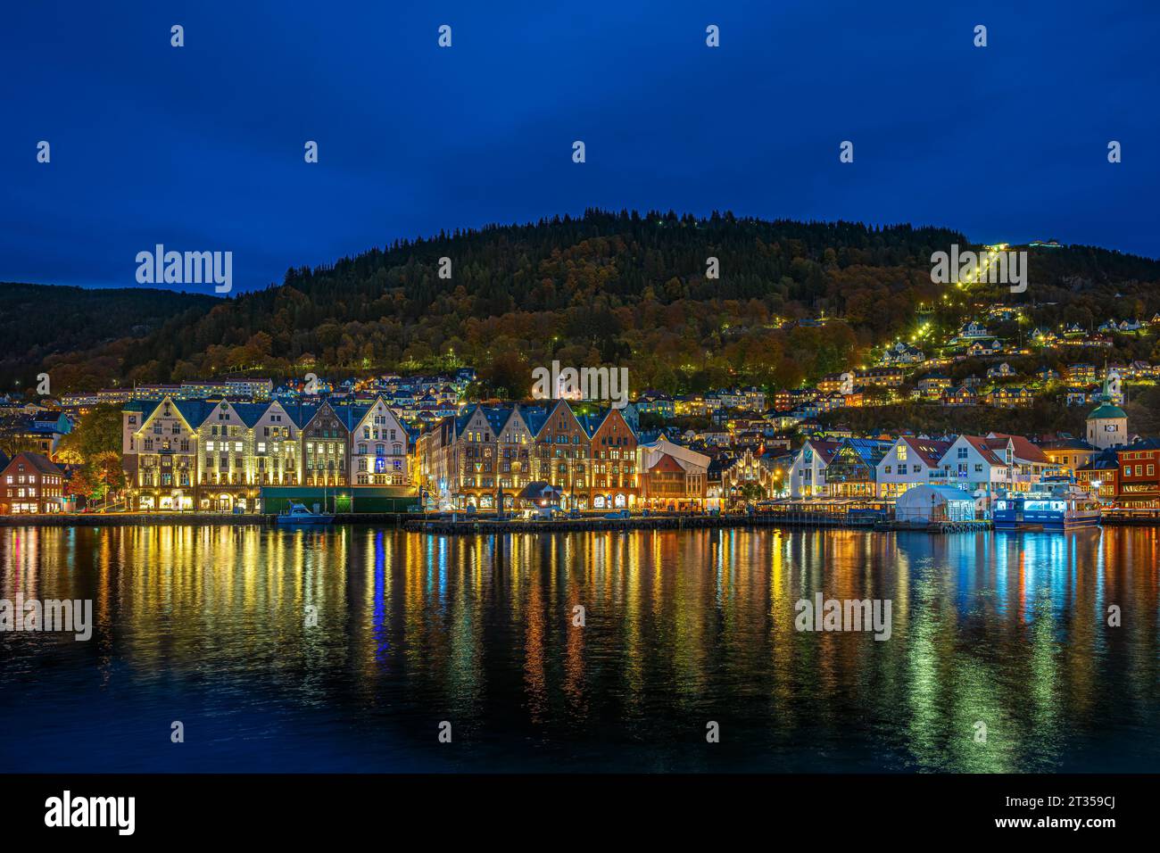 Late evening in Bergen in autumn at Bryggen, which is in the Unesco ...