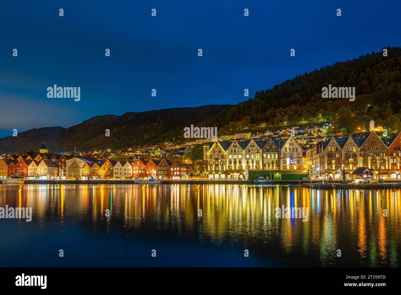 Late evening in Bergen in autumn at Bryggen, which is in the Unesco ...