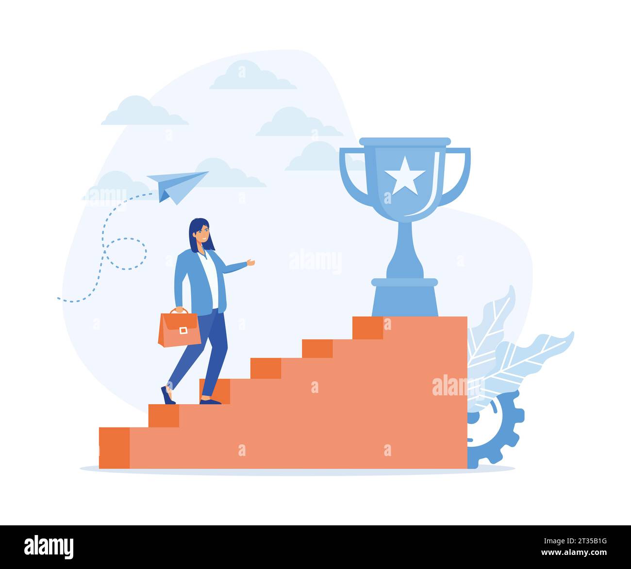 Businesswoman climbing ladder to golden trophy, inspiration to success ...