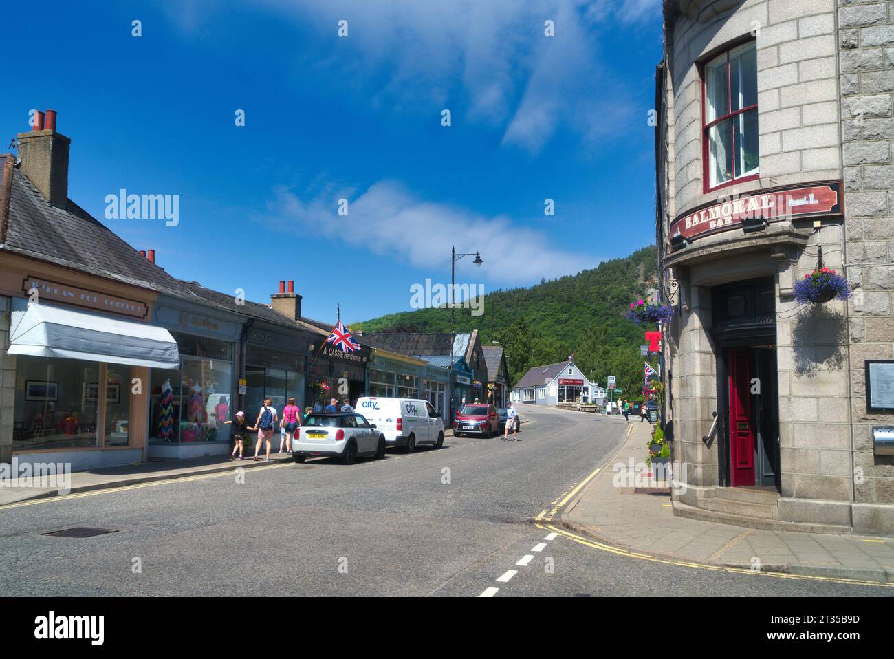 Ballater village centre, Royal Deeside, Bridge street. Shops, tourists ...